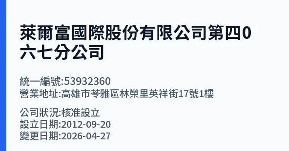 萊爾富國際股份有限公司第四0六七分公司的照片-統編 53932360(高雄市) 公司登記資料與營業項目詳細圖表