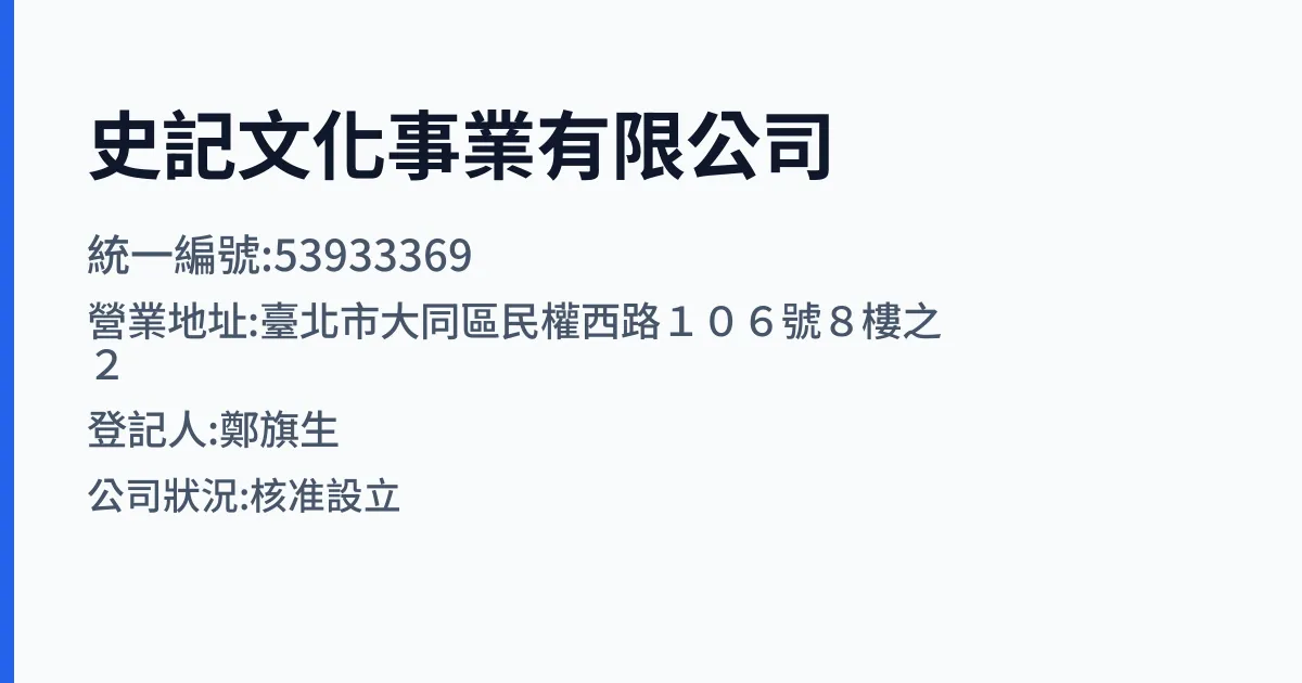 史記文化事業有限公司 - 統編 53933369(臺北市) 公司登記資料與營業項目詳細圖表