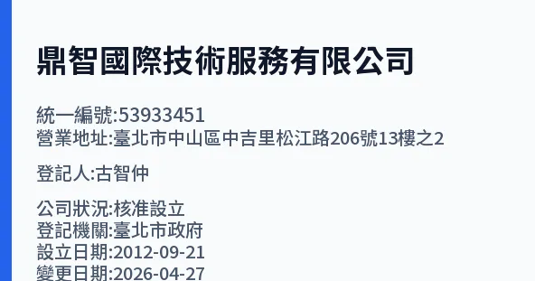鼎智國際技術服務有限公司的照片-統編 53933451(臺北市) 公司登記資料與營業項目詳細圖表