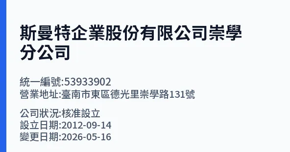 斯曼特企業股份有限公司崇學分公司的照片-統編 53933902(臺南市) 公司登記資料與營業項目詳細圖表