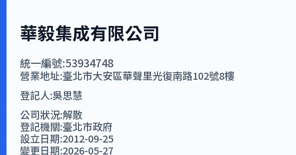 華毅集成有限公司的照片-統編 53934748(臺北市) 公司登記資料與營業項目詳細圖表