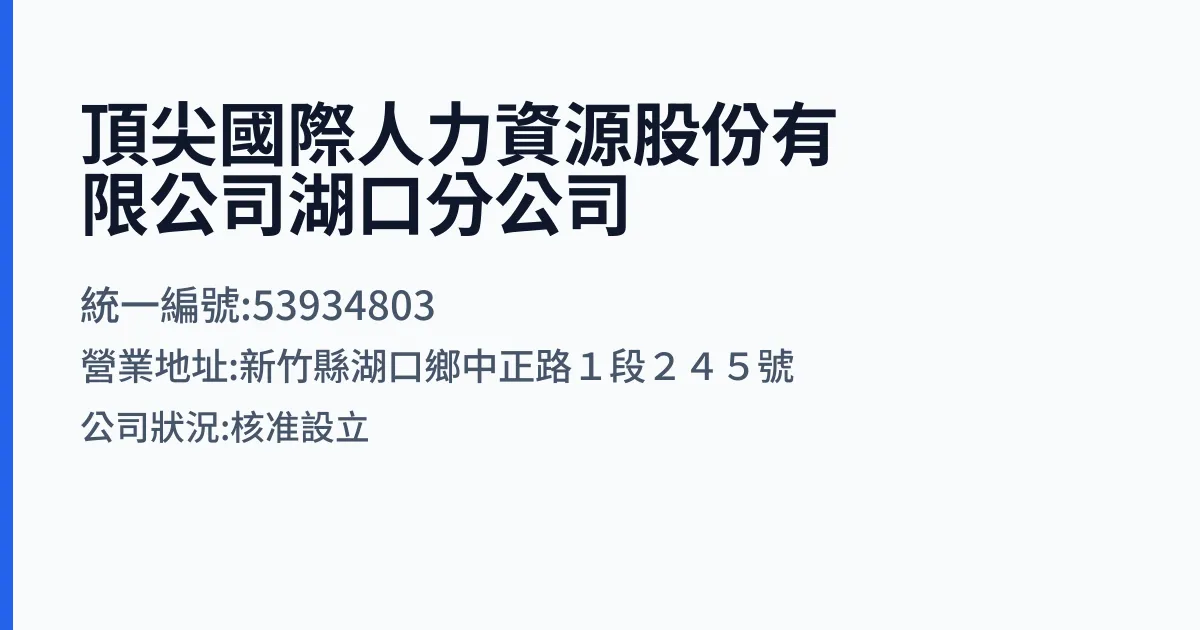 頂尖國際人力資源股份有限公司湖口分公司 - 統編 53934803(新竹縣) 公司登記資料與營業項目詳細圖表
