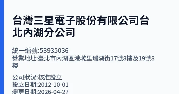 台灣三星電子股份有限公司台北內湖分公司的照片-統編 53935036(臺北市) 公司登記資料與營業項目詳細圖表