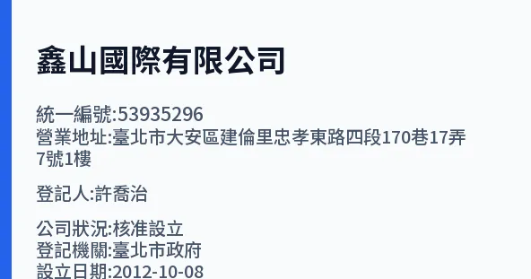 鑫山國際有限公司的照片-統編 53935296(臺北市) 公司登記資料與營業項目詳細圖表