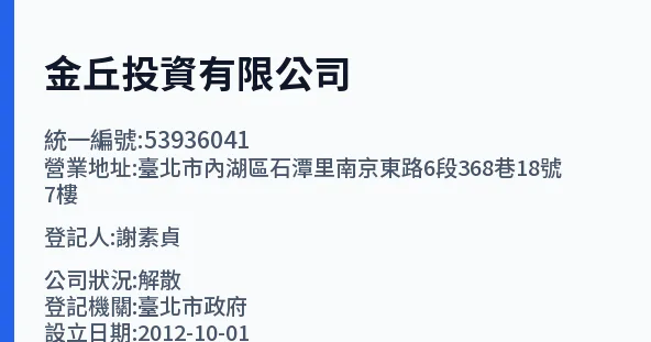 金丘投資有限公司的照片-統編 53936041(臺北市) 公司登記資料與營業項目詳細圖表