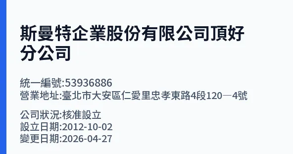 斯曼特企業股份有限公司頂好分公司的照片-統編 53936886(臺北市) 公司登記資料與營業項目詳細圖表