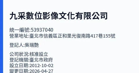 九采數位影像文化有限公司的照片-統編 53937040(臺北市) 公司登記資料與營業項目詳細圖表