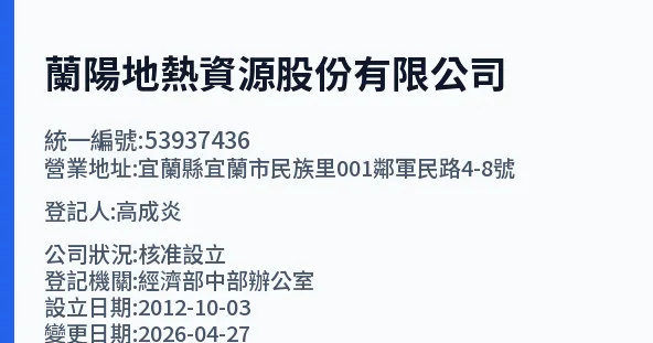 蘭陽地熱資源股份有限公司的照片-統編 53937436(宜蘭縣) 公司登記資料與營業項目詳細圖表