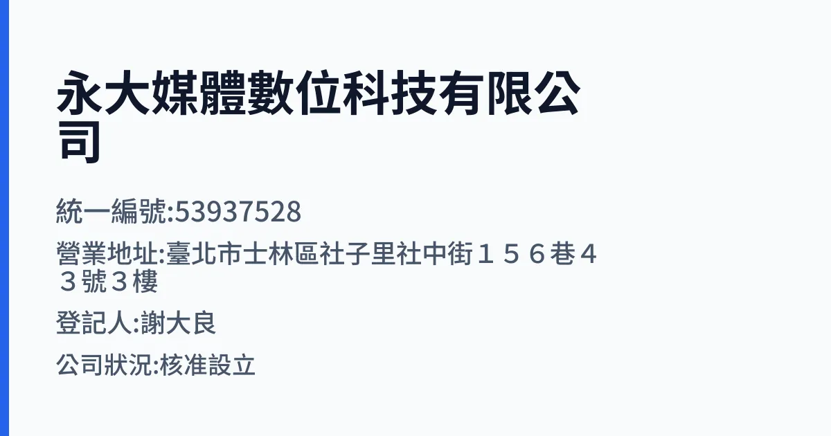 永大媒體數位科技有限公司 - 統編 53937528（臺北市） 公司登記資料與營業項目詳細圖表