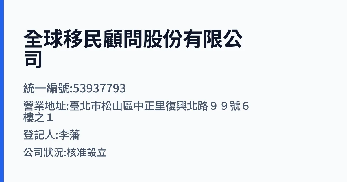 全球移民顧問股份有限公司 - 統編 53937793(臺北市) 公司登記資料與營業項目詳細圖表