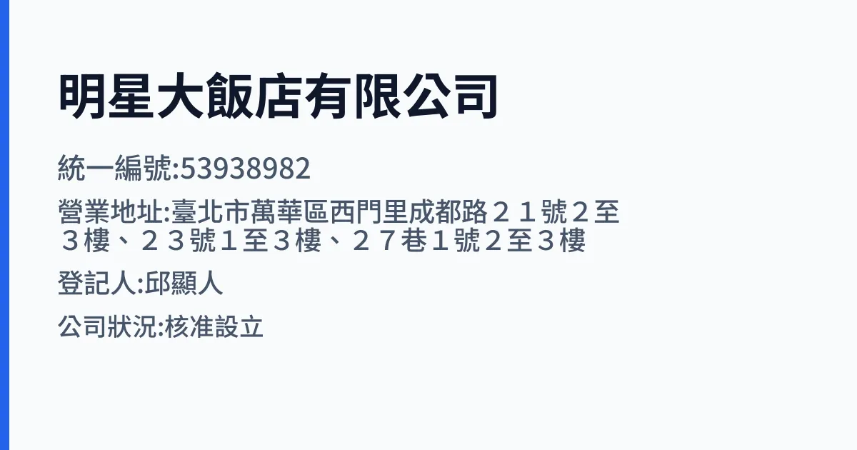 明星大飯店有限公司 - 統編 53938982(臺北市) 公司登記資料與營業項目詳細圖表