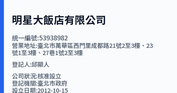 明星大飯店有限公司的照片-統編 53938982(臺北市) 公司登記資料與營業項目詳細圖表