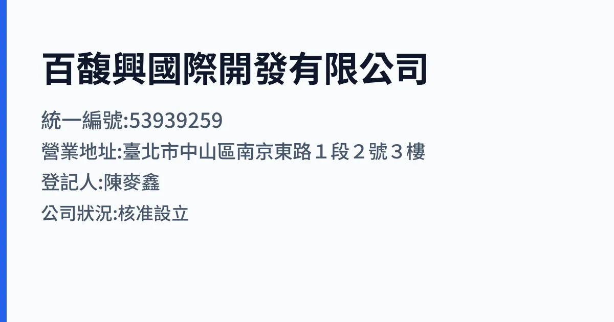 百馥興國際開發有限公司 - 統編 53939259(臺北市) 公司登記資料與營業項目詳細圖表