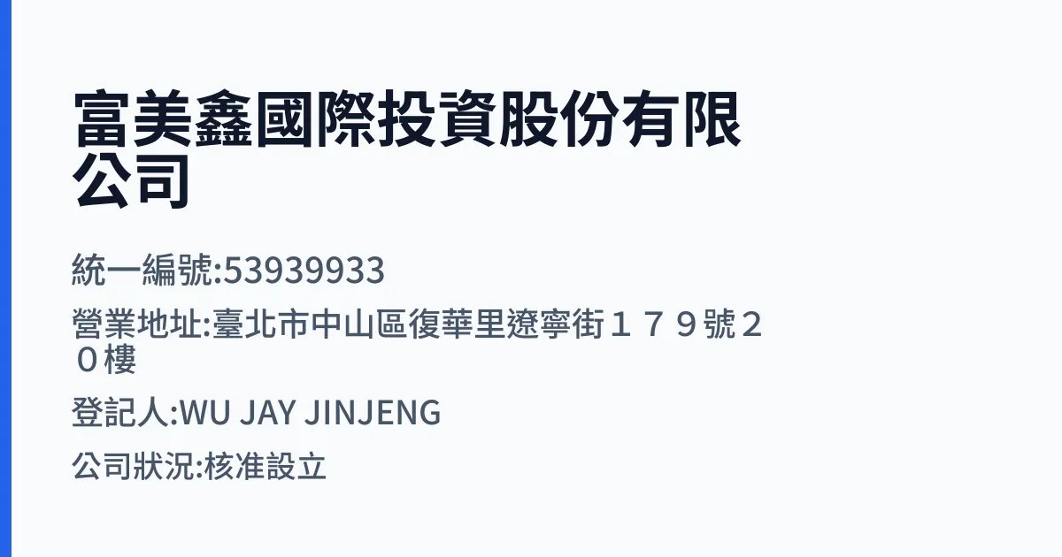 富美鑫國際投資股份有限公司 - 統編 53939933(臺北市) 公司登記資料與營業項目詳細圖表