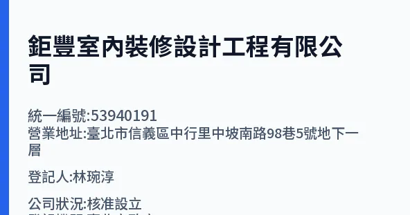 鉅豐室內裝修設計工程有限公司的照片-統編 53940191(臺北市) 公司登記資料與營業項目詳細圖表