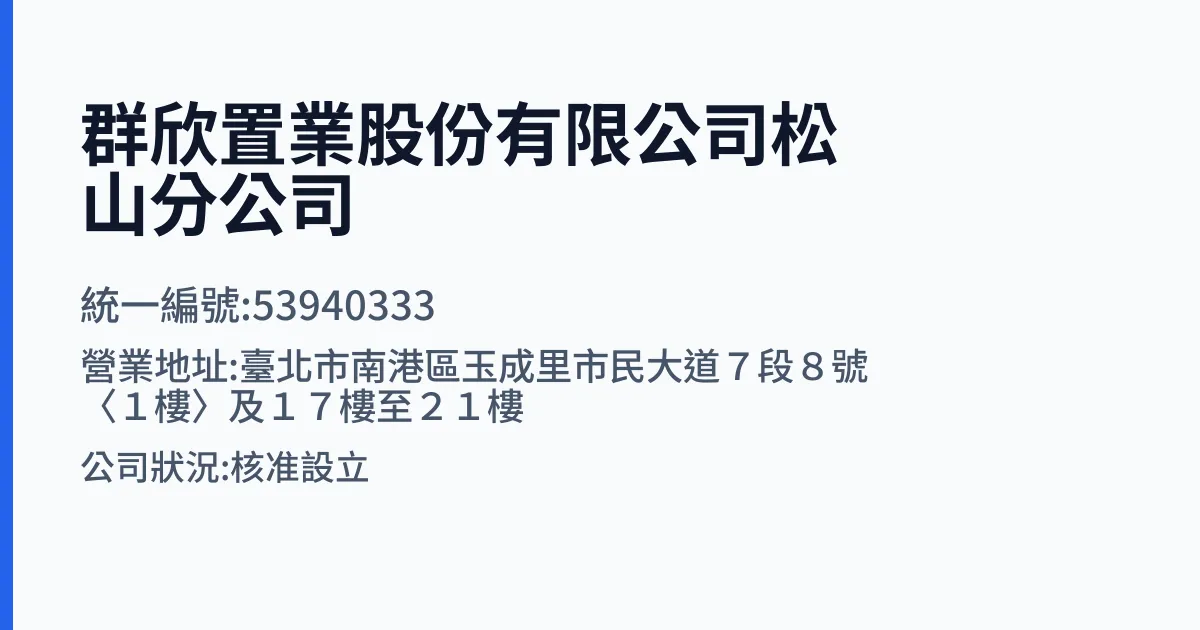 群欣置業股份有限公司松山分公司 - 統編 53940333(臺北市) 公司登記資料與營業項目詳細圖表