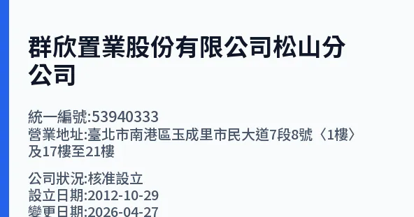 群欣置業股份有限公司松山分公司的照片-統編 53940333(臺北市) 公司登記資料與營業項目詳細圖表