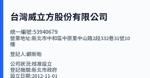 台灣威立方股份有限公司的照片-統編 53940679(新北市) 公司登記資料與營業項目詳細圖表