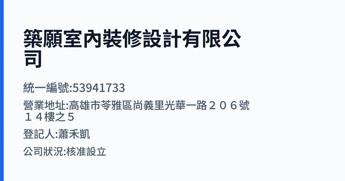 築願室內裝修設計有限公司 - 統編 53941733(高雄市) 公司登記資料與營業項目詳細圖表