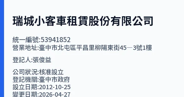瑞城小客車租賃股份有限公司的照片-統編 53941852(臺中市) 公司登記資料與營業項目詳細圖表