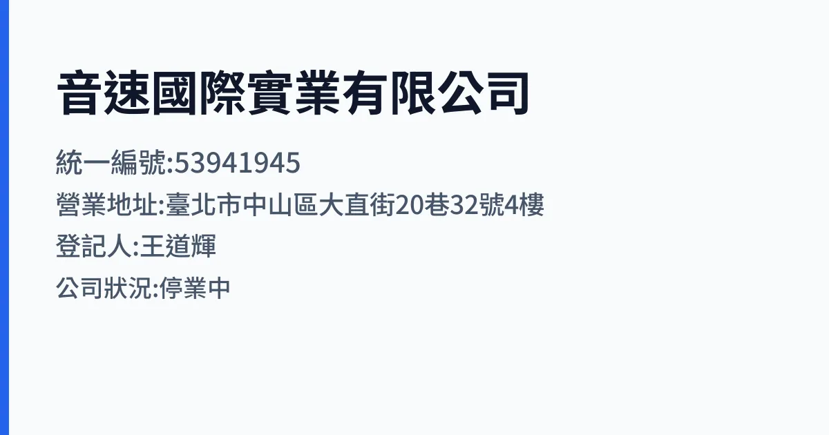 音速國際實業有限公司 - 統編 53941945(臺北市) 公司登記資料與營業項目詳細圖表
