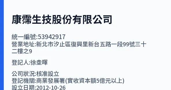 康霈生技股份有限公司的照片-統編 53942917(新北市) 公司登記資料與營業項目詳細圖表
