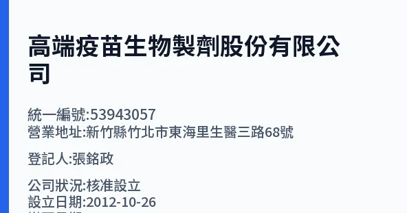 高端疫苗生物製劑股份有限公司的照片-統編 53943057(新竹縣) 公司登記資料與營業項目詳細圖表