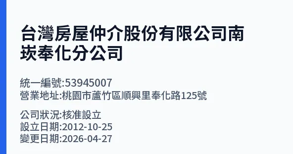台灣房屋仲介股份有限公司南崁奉化分公司的照片-統編 53945007(桃園市) 公司登記資料與營業項目詳細圖表