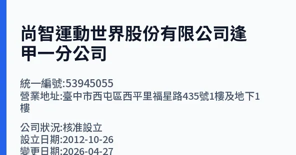 尚智運動世界股份有限公司逢甲一分公司的照片-統編 53945055(臺中市) 公司登記資料與營業項目詳細圖表