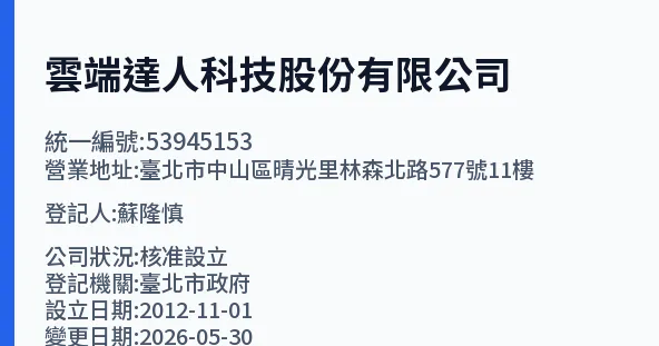 雲端達人科技股份有限公司的照片-統編 53945153(臺北市) 公司登記資料與營業項目詳細圖表