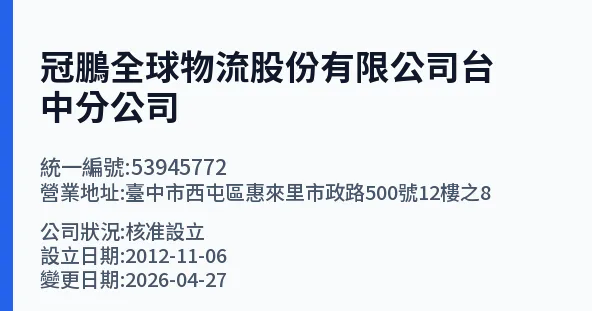 冠鵬全球物流股份有限公司台中分公司的照片-統編 53945772(臺中市) 公司登記資料與營業項目詳細圖表
