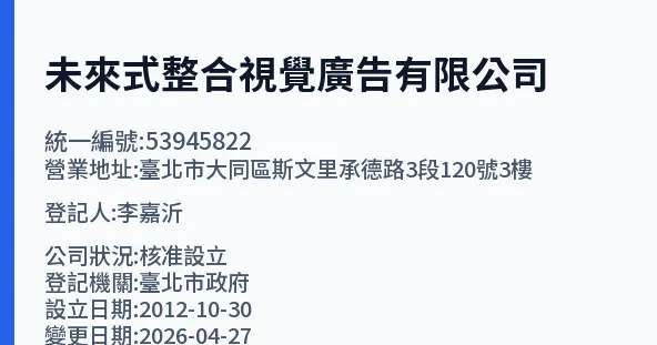 未來式整合視覺廣告有限公司的照片-統編 53945822(臺北市) 公司登記資料與營業項目詳細圖表