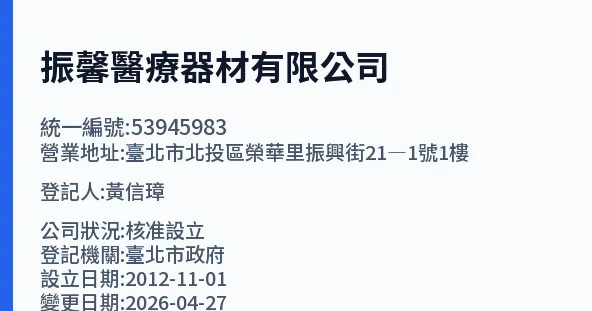 振馨醫療器材有限公司的照片-統編 53945983(臺北市) 公司登記資料與營業項目詳細圖表