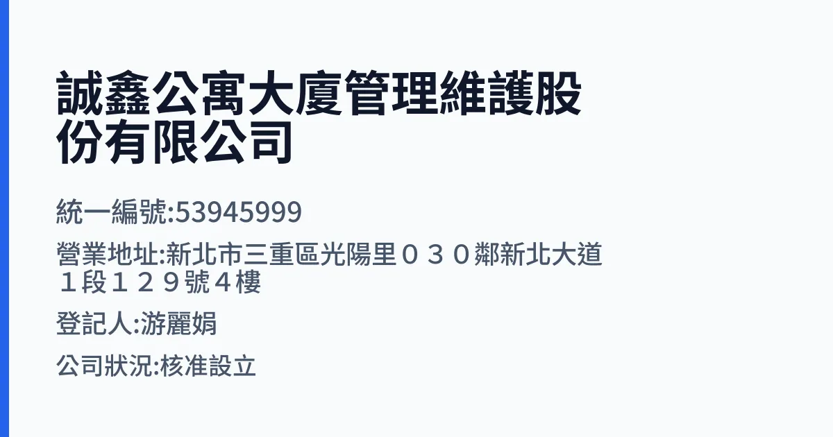 誠鑫公寓大廈管理維護股份有限公司 - 統編 53945999 (新北市) 公司登記資料與營業項目詳細圖表
