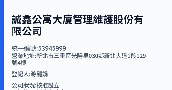 誠鑫公寓大廈管理維護股份有限公司的照片-統編 53945999(新北市) 公司登記資料與營業項目詳細圖表