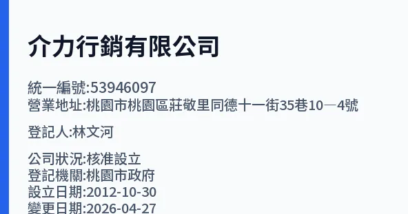 介力行銷有限公司的照片-統編 53946097(桃園市) 公司登記資料與營業項目詳細圖表
