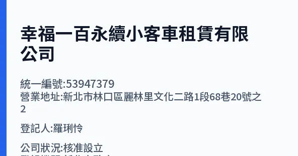 幸福一百永續小客車租賃有限公司的照片-統編 53947379(新北市) 公司登記資料與營業項目詳細圖表