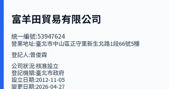 富羊田貿易有限公司的照片-統編 53947624(臺北市) 公司登記資料與營業項目詳細圖表