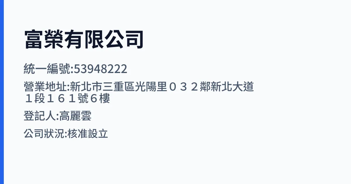 富榮有限公司 - 統編 53948222(臺北市) 公司登記資料與營業項目詳細圖表