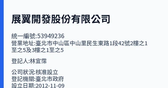展翼開發股份有限公司的照片-統編 53949236(臺北市) 公司登記資料與營業項目詳細圖表