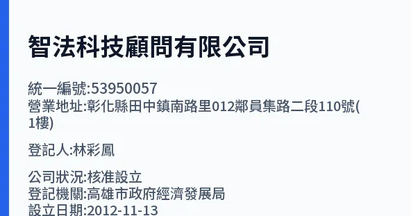 智法科技顧問有限公司的照片-統編 53950057(彰化縣) 公司登記資料與營業項目詳細圖表