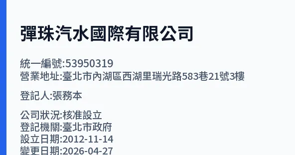 彈珠汽水國際有限公司的照片-統編 53950319(臺北市) 公司登記資料與營業項目詳細圖表