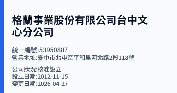 格蘭事業股份有限公司台中文心分公司的照片-統編 53950887(臺中市) 公司登記資料與營業項目詳細圖表