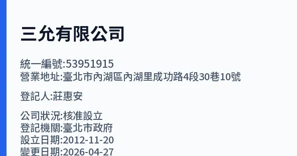 三允有限公司的照片-統編 53951915(臺北市) 公司登記資料與營業項目詳細圖表