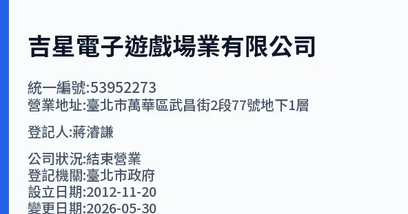 吉星電子遊戲場業有限公司的照片-統編 53952273(臺北市) 公司登記資料與營業項目詳細圖表