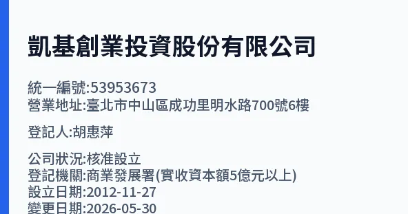 凱基創業投資股份有限公司的照片-統編 53953673(臺北市) 公司登記資料與營業項目詳細圖表