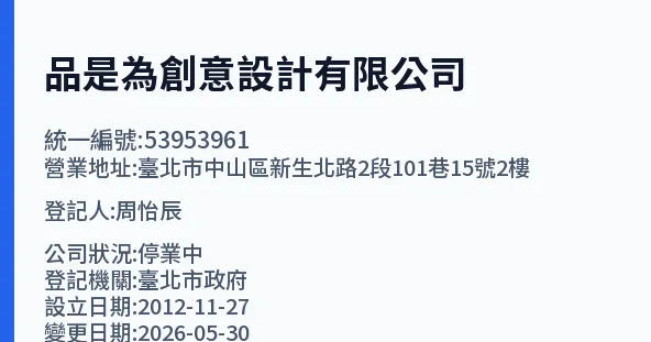 品是為創意設計有限公司的照片-統編 53953961(臺北市) 公司登記資料與營業項目詳細圖表
