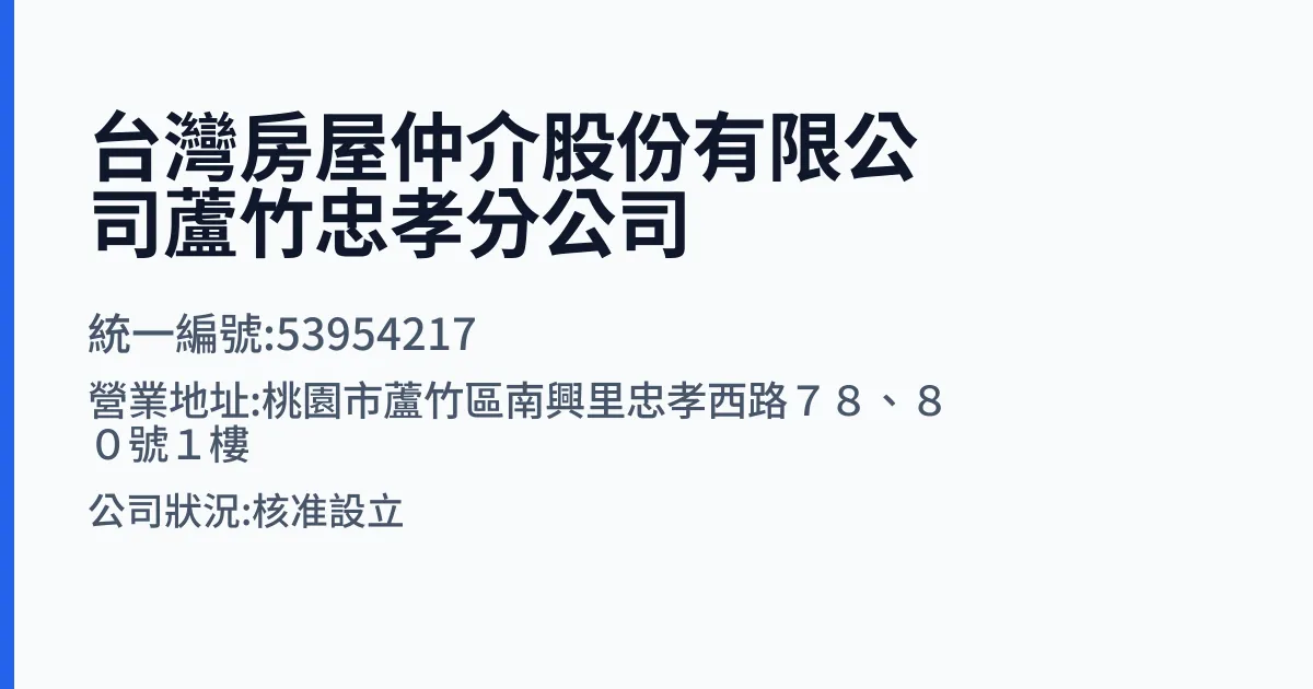 台灣房屋仲介股份有限公司蘆竹忠孝分公司 - 統編 53954217(桃園市) 公司登記資料與營業項目詳細圖表