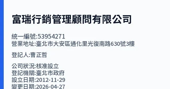 富瑞行銷管理顧問有限公司的照片-統編 53954271(臺北市) 公司登記資料與營業項目詳細圖表