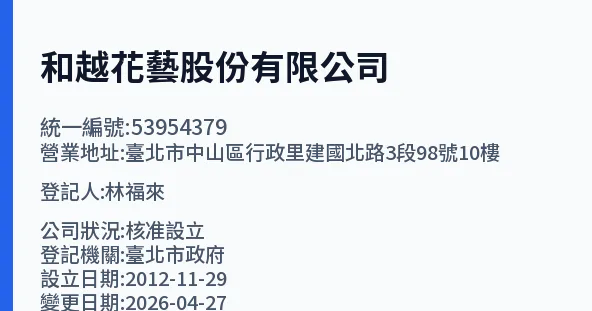和越花藝股份有限公司的照片-統編 53954379(臺北市) 公司登記資料與營業項目詳細圖表